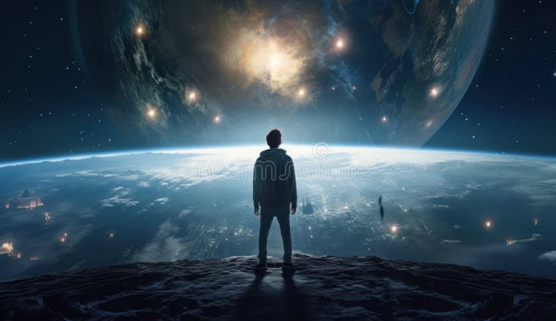 Man Standing on the Earth Looking at Earth from Space Stock Photo ...