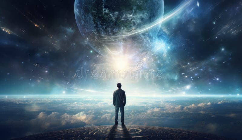 Man Standing on the Earth Looking at Earth from Space Stock Photo ...