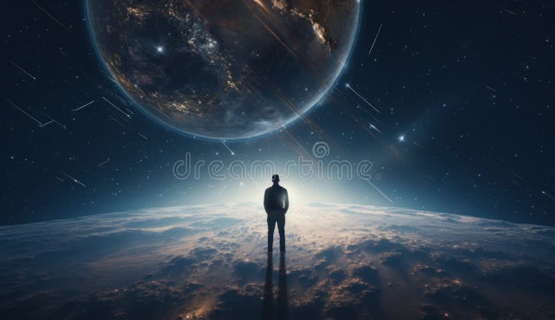 Man Standing on the Earth Looking at Earth from Space Stock Photo ...