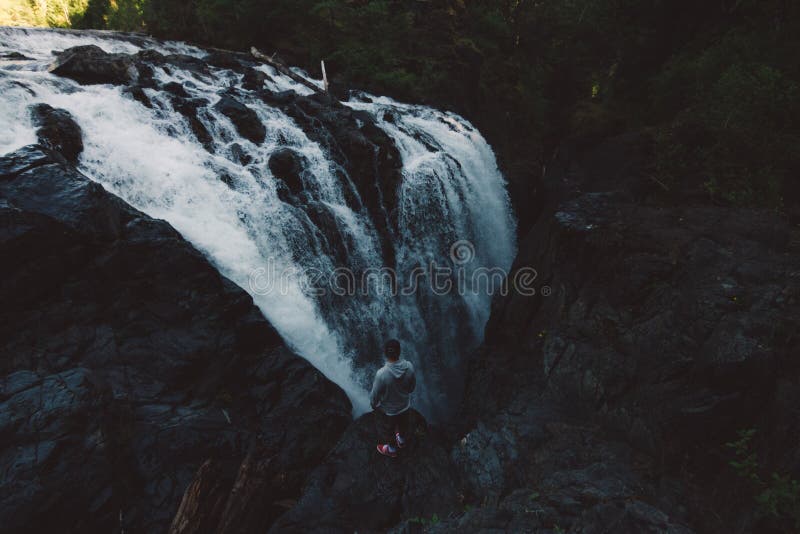 Man Standing on the Edge of the Cliff in Forest with Waterfall Stock ...