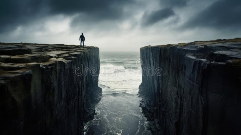 Man Standing on the Edge of a Cliff in Front of the Ocean Stock Photo ...