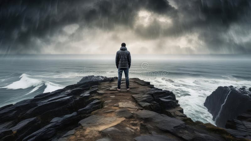 Man Standing on the Edge of a Cliff in Front of the Ocean Stock ...