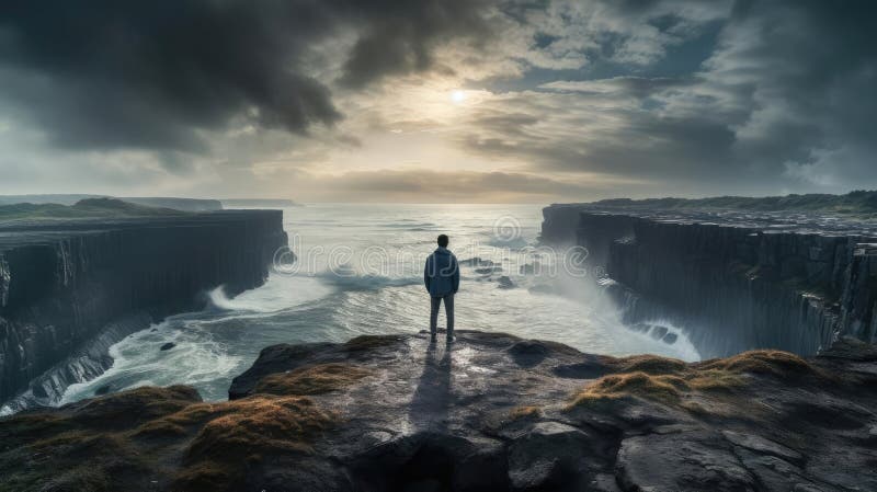 Man Standing on the Edge of a Cliff in Front of the Ocean Stock Image ...