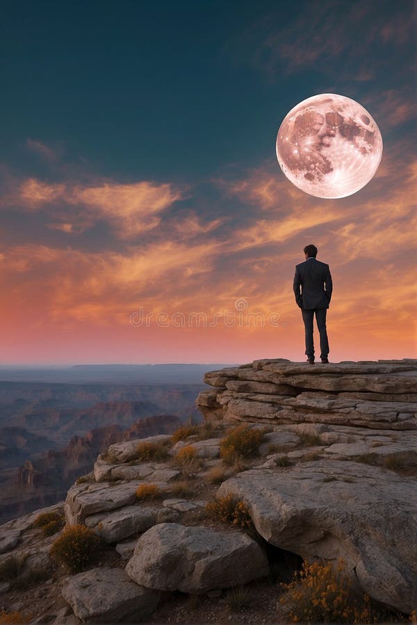 Man Standing on the Edge of Cliff and Looking at the Moon in the Sky ...
