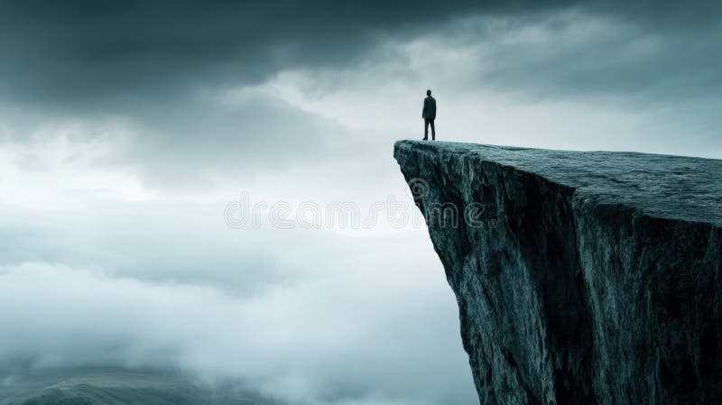 A Man Standing on the Edge of a Cliff Looking Out Over the Clouds, AI ...