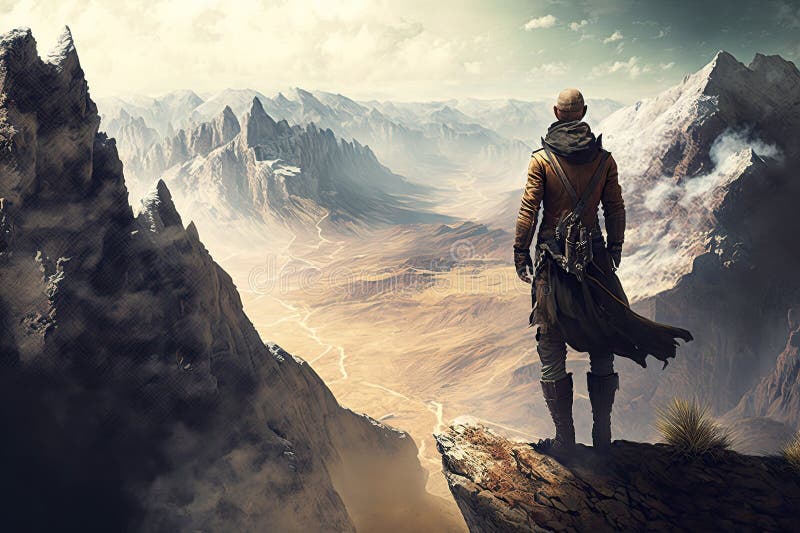 Man, Standing on the Edge of a Cliff, with Sweeping View of Mountain ...