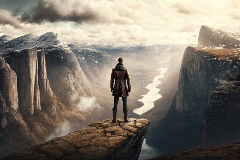 Man, Standing on the Edge of a Cliff, with Sweeping View of Mountain ...