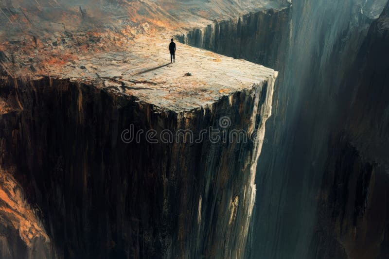Man Standing on Edge of High Cliff Overlooking Deep Canyon, Powerful ...