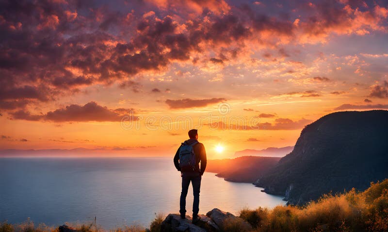 Man Standing on a Edge Overlooking a Panoramic Sunset Stock ...