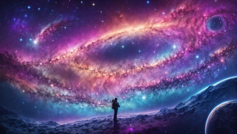 Man Standing on the Edge of the Planet and Looking at the Universe ...