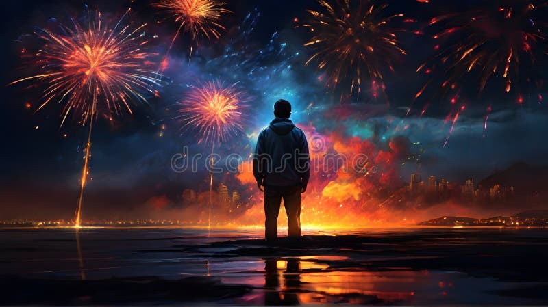 Man Standing on the Edge of the Water Watching Fireworks. Mixed Media ...
