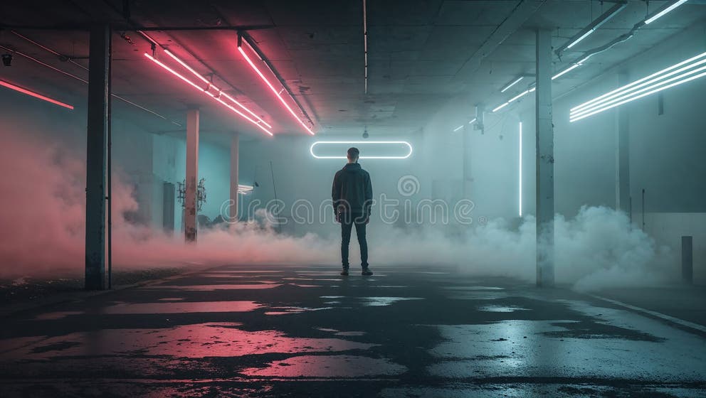 Man Standing in Empty Parking Garage with Neon Lights and Smoke Stock ...