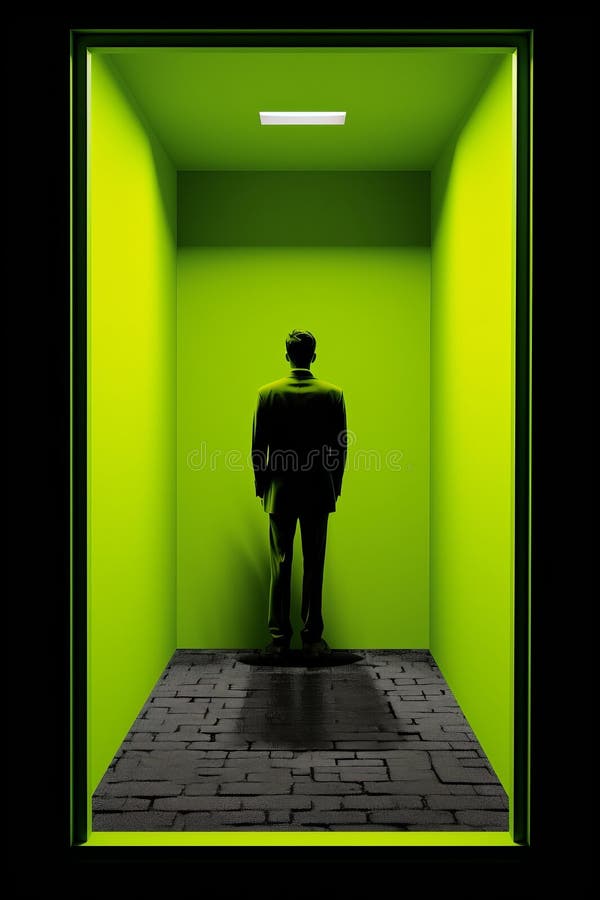 A Man Standing in an Empty Room with a Green Light Stock Illustration ...