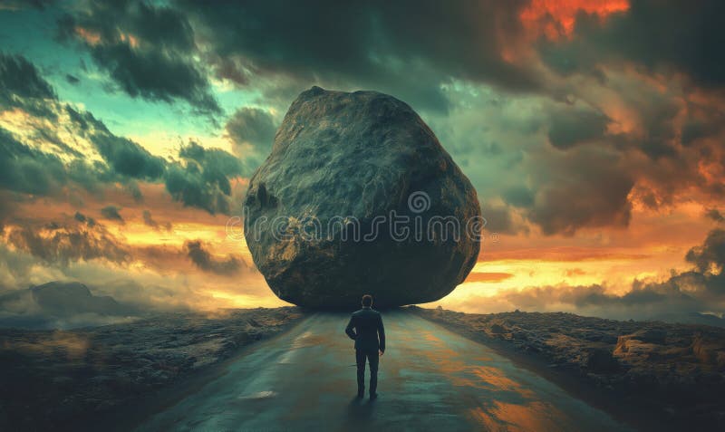 Man Standing before Enormous Boulder on Road at Sunset with Dramatic ...