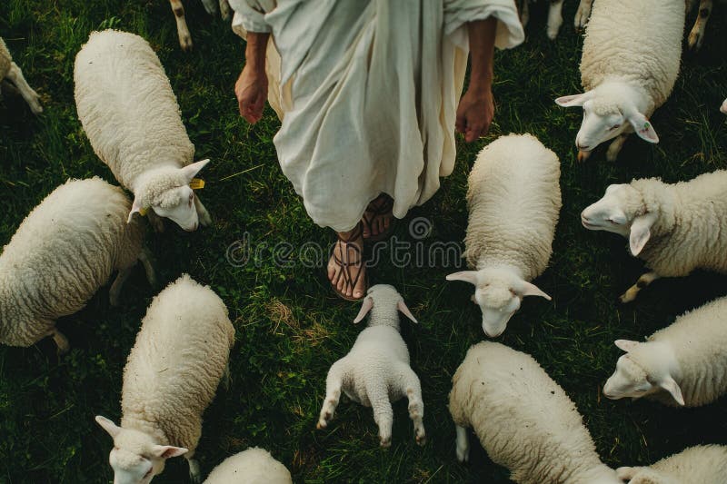 A Man is Standing in a Field with a Group of Sheep Stock Photo - Image ...