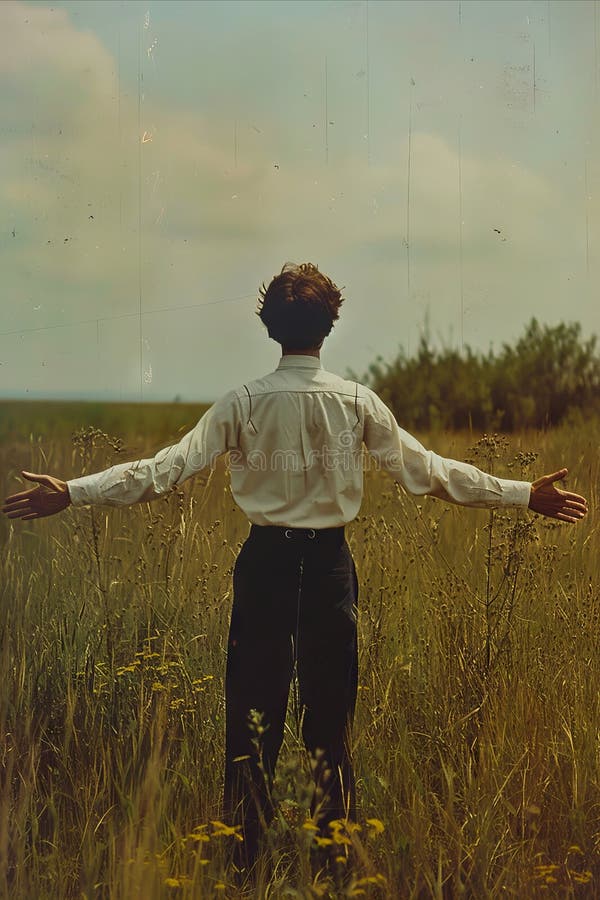A Man Standing in a Field with His Arms Outstretched Stock Photo ...