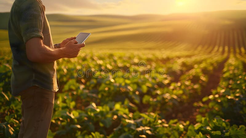 Man Standing in Field Holding Tablet. Generative by AI Stock ...