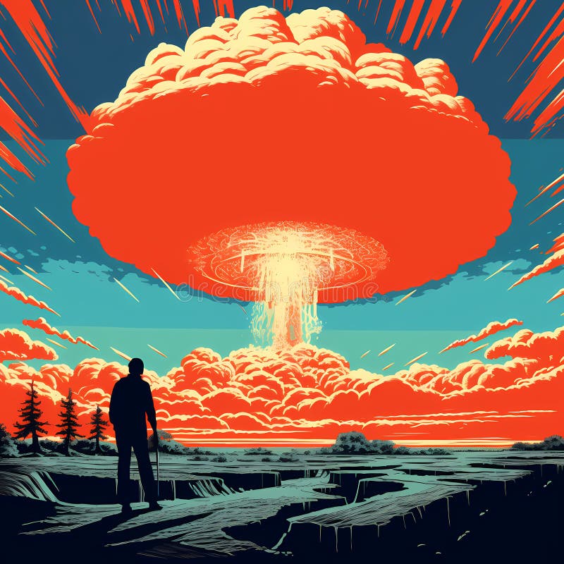 A Man Standing in a Field with a Large Mushroom Cloud in the Sky ...