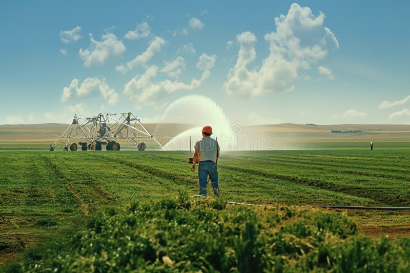 A Man Standing in a Field with a Sprinkle of Water. Agriculture Land ...