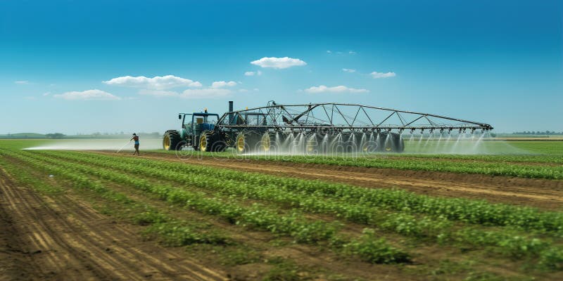 A Man Standing in a Field with a Sprinkle of Water. Agriculture Land ...