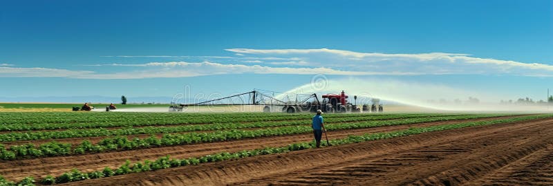 A Man Standing in a Field with a Sprinkle of Water. Agriculture Land ...
