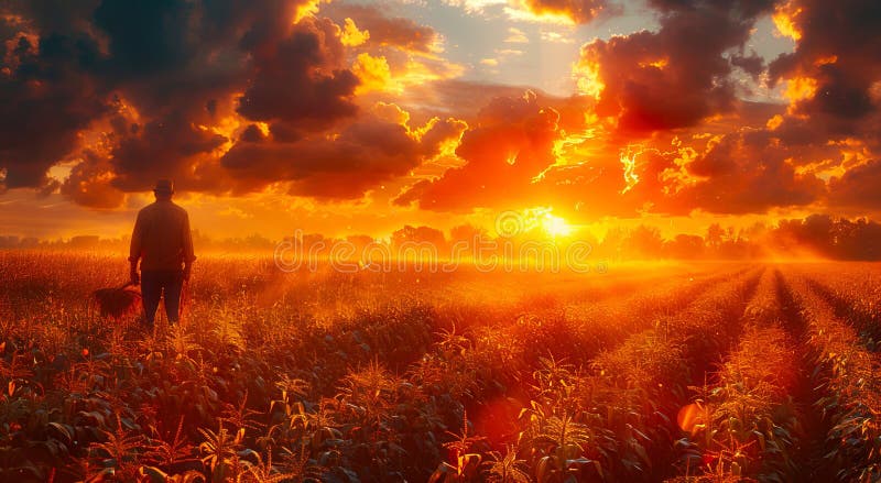 A Man Standing in a Field at Sunset Stock Image - Image of field ...