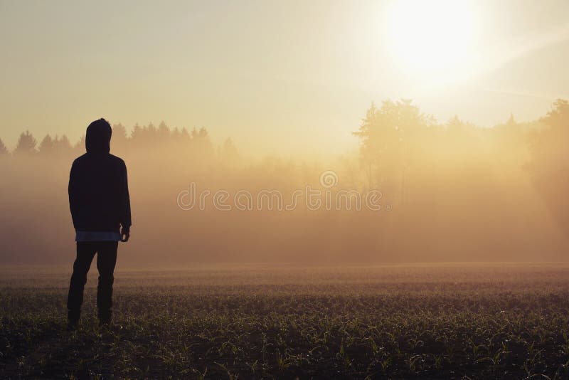 Man Standing in the Fog at Sunrise Stock Photo - Image of evil ...