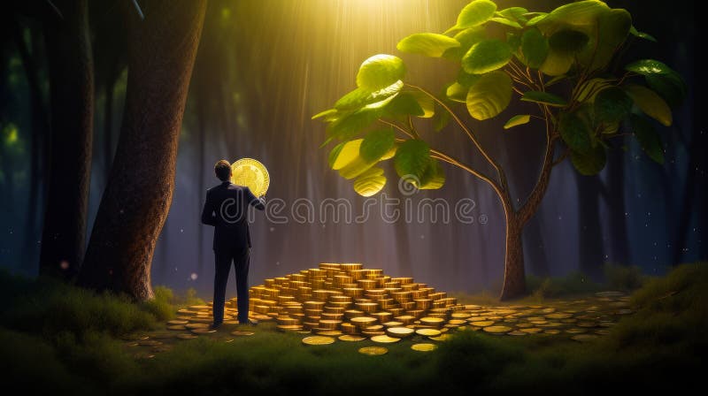 Man Standing in the Forest with Gold Coins. Generative AI Stock ...