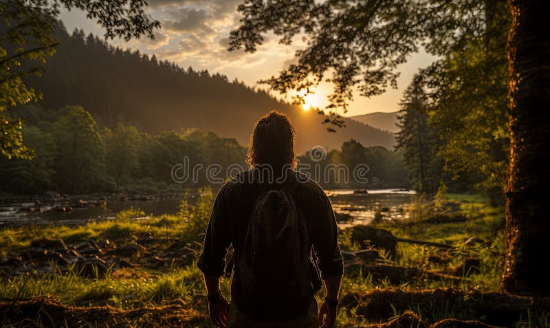Man Standing in Forest Looking at Sun Stock Image - Image of focusing ...