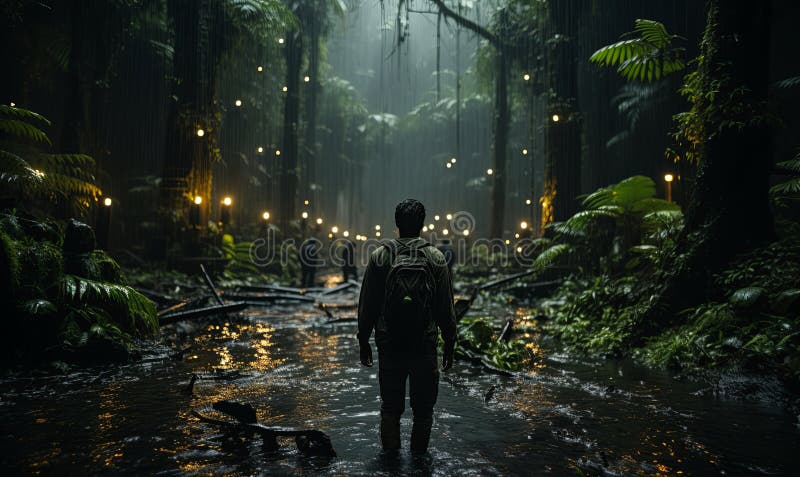 Man Standing in Forest at Night Stock Image - Image of surreal ...