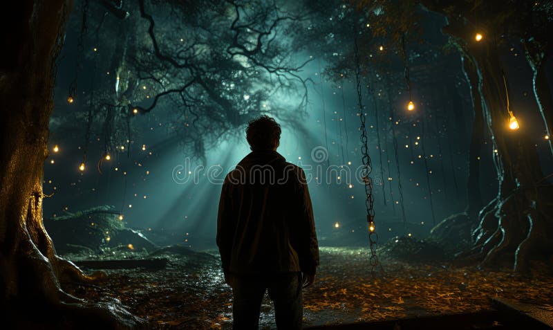 Man Standing in Forest at Night Stock Image - Image of evening, creepy ...