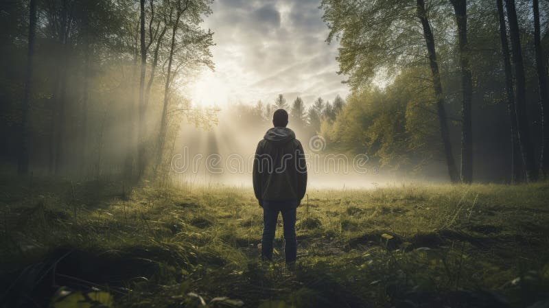Man Standing in Forest, Surrounded by Trees and Greenery Stock Image ...