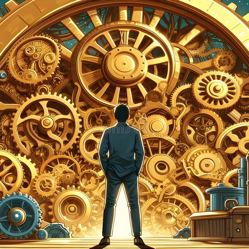 Man Standing in Front of the Big Golden Clockwork Digital Art Stock ...