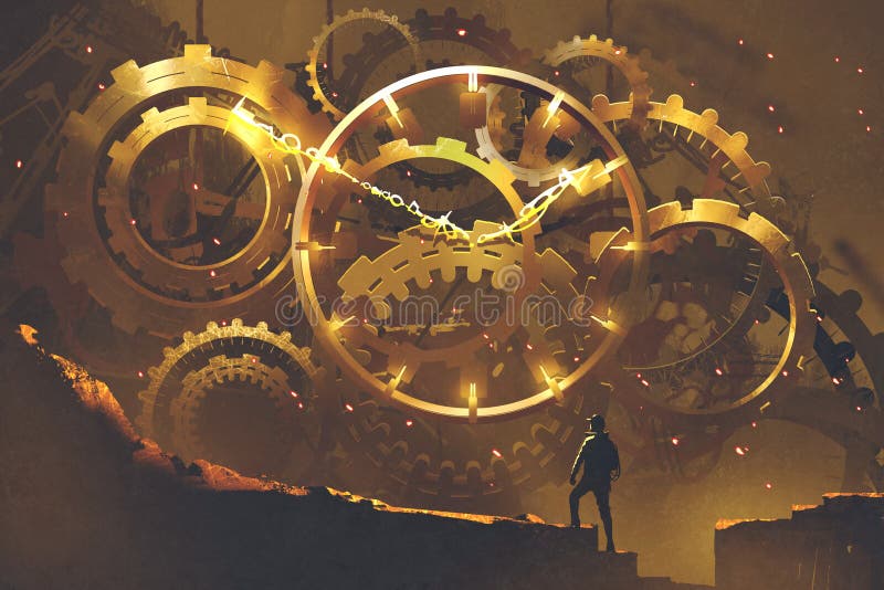 Man Standing in Front of the Big Golden Clockwork Stock Illustration ...
