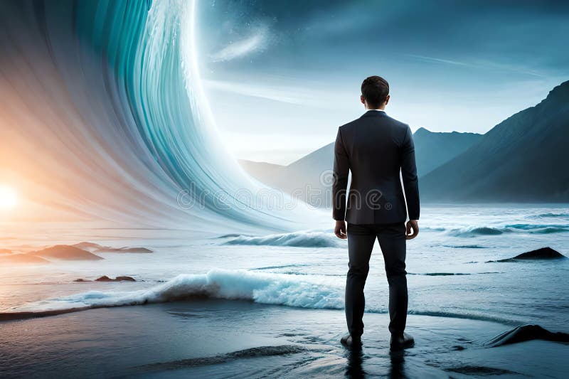Man Standing Front of Big Strom Wave Abstract Background. Challenge and ...