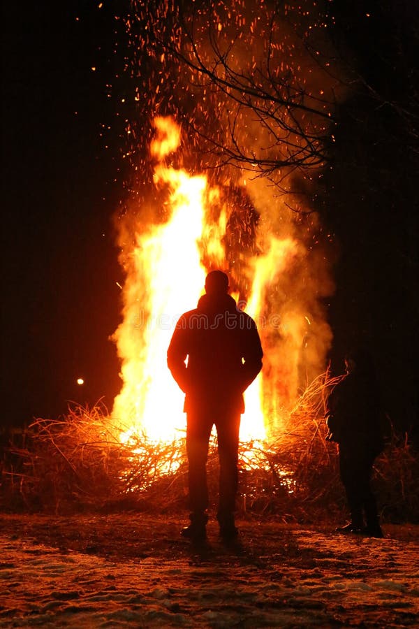 Silhouette of Man by the Fire at Night. Stock Image - Image of camp ...