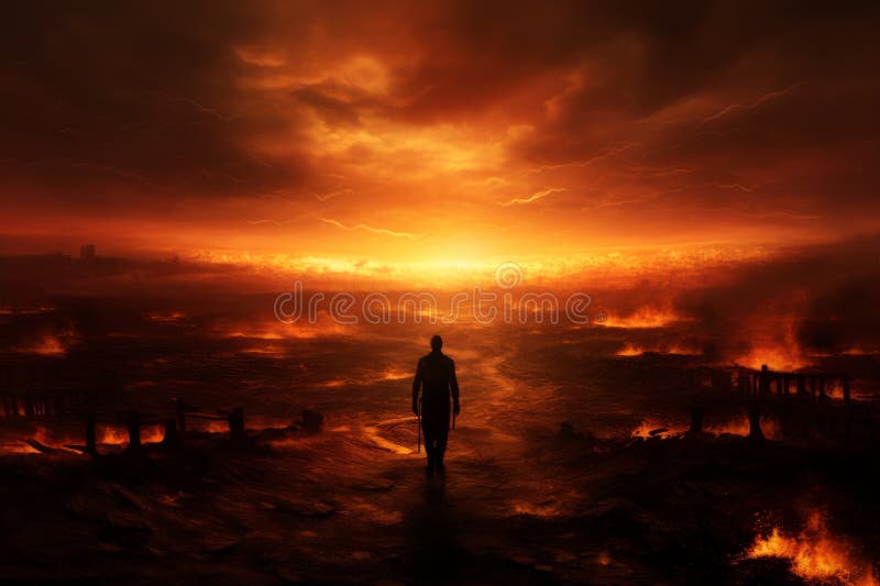 A Man Standing in Front of a Burning Landscape Stock Illustration ...