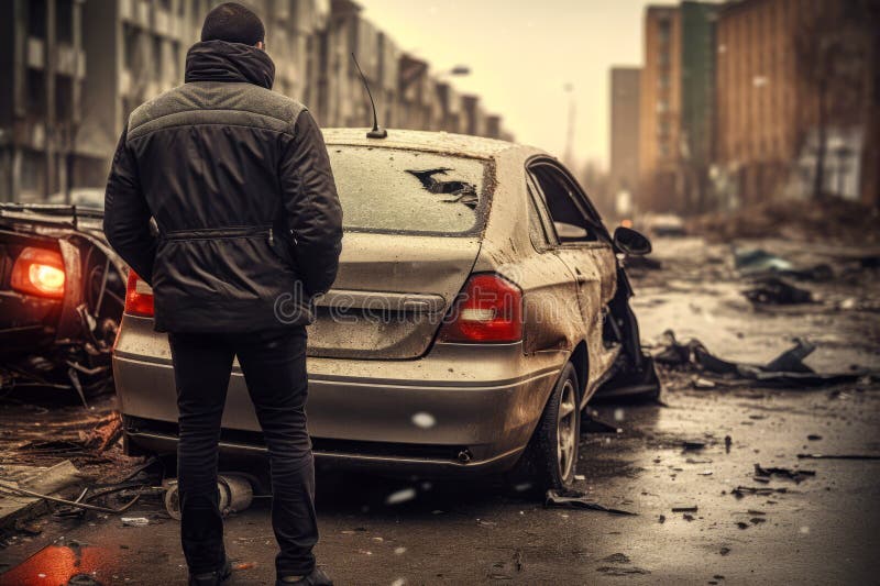 Man Standing in Front of Car that Has Been Smashed in Half. Generative ...