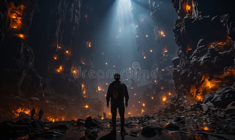 Man Standing in Front of Cave with Fire. Stock Photo - Image of hazard ...