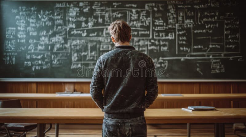 A Man Standing in Front of a Chalkboard with Complex Equations. Concept ...