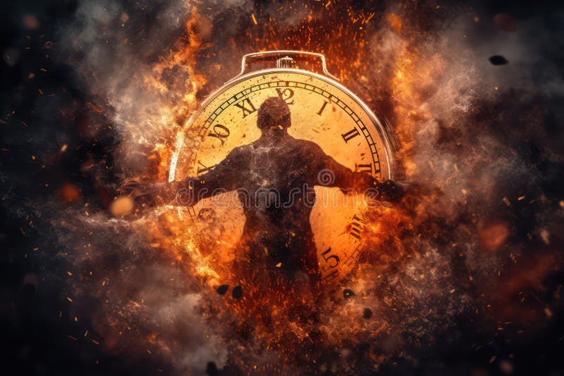 A Man Standing in Front of a Clock on Fire, Created by Generative AI ...