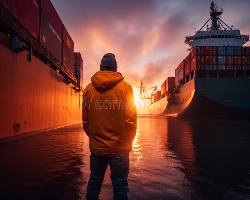 Man Standing in Front of a Container Ship at Sunset. a Man Standing in ...