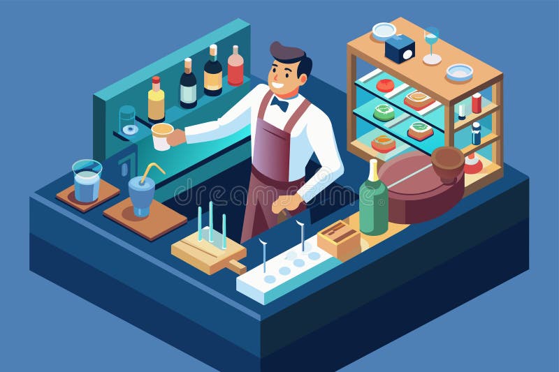 A Man is Standing in Front of a Counter Filled with Various Bottles ...