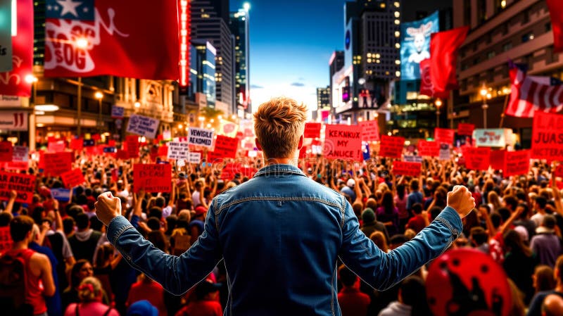 A Man Standing in Front of a Crowd of People Holding Signs Stock Image ...
