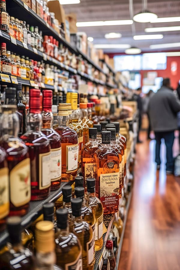 A Man Standing in Front of a Display of Bottles in Alcohol Store. Stock ...