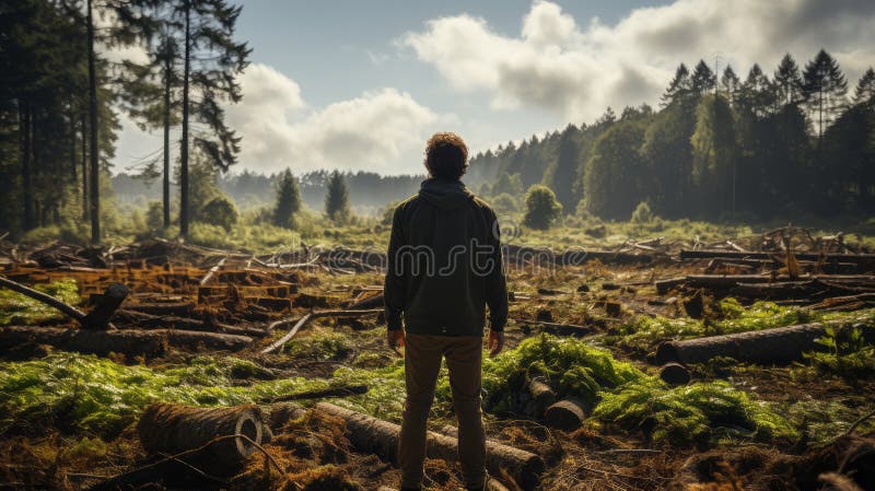 A Man Standing in Front of a Forest Being Cut Down Background ...