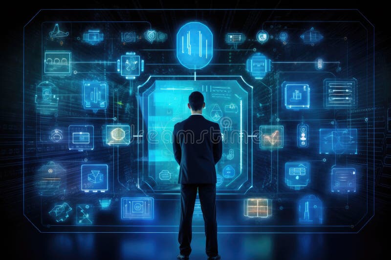 Man Standing in Front of Futuristic Display, the Concept of Cyber ...