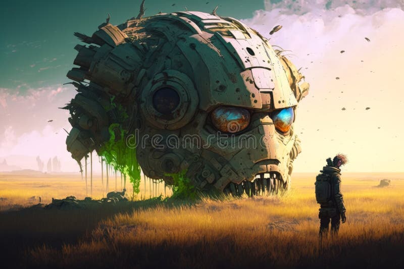 Man Standing in Front of Giant Alien Head. Generative AI Stock Image ...