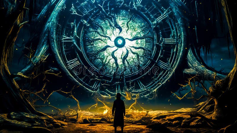 Man Standing in Front of Giant Clock in the Middle of Field. Generative ...