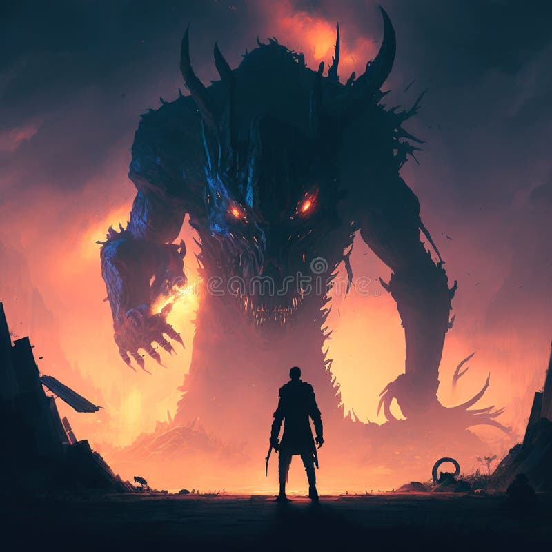 A Man Standing in Front of a Giant Demon Stock Illustration ...